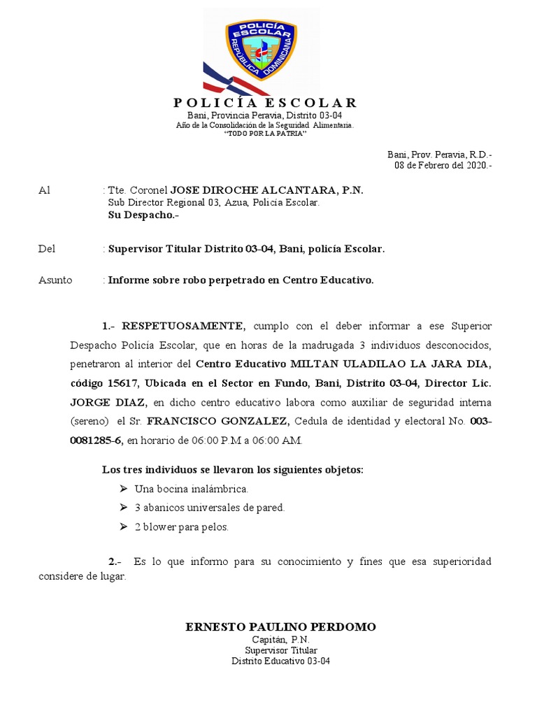 Informe de Novedad Sobre Robo en Escuela de Bani 08-02-2020 | PDF