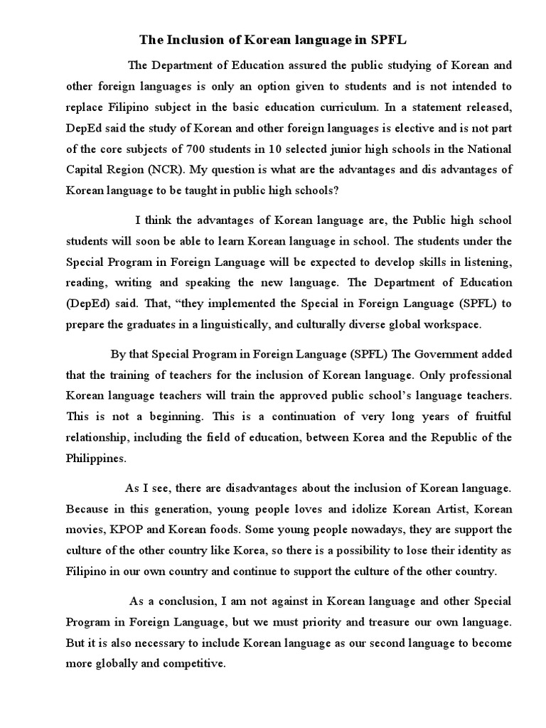 The Inclusion Of Korean Language In Spfl Pdf
