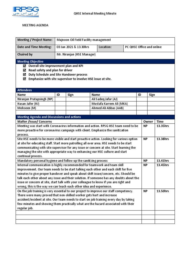 QHSE Internal Meeting Agenda Minutes | PDF | Human Nature | Communication