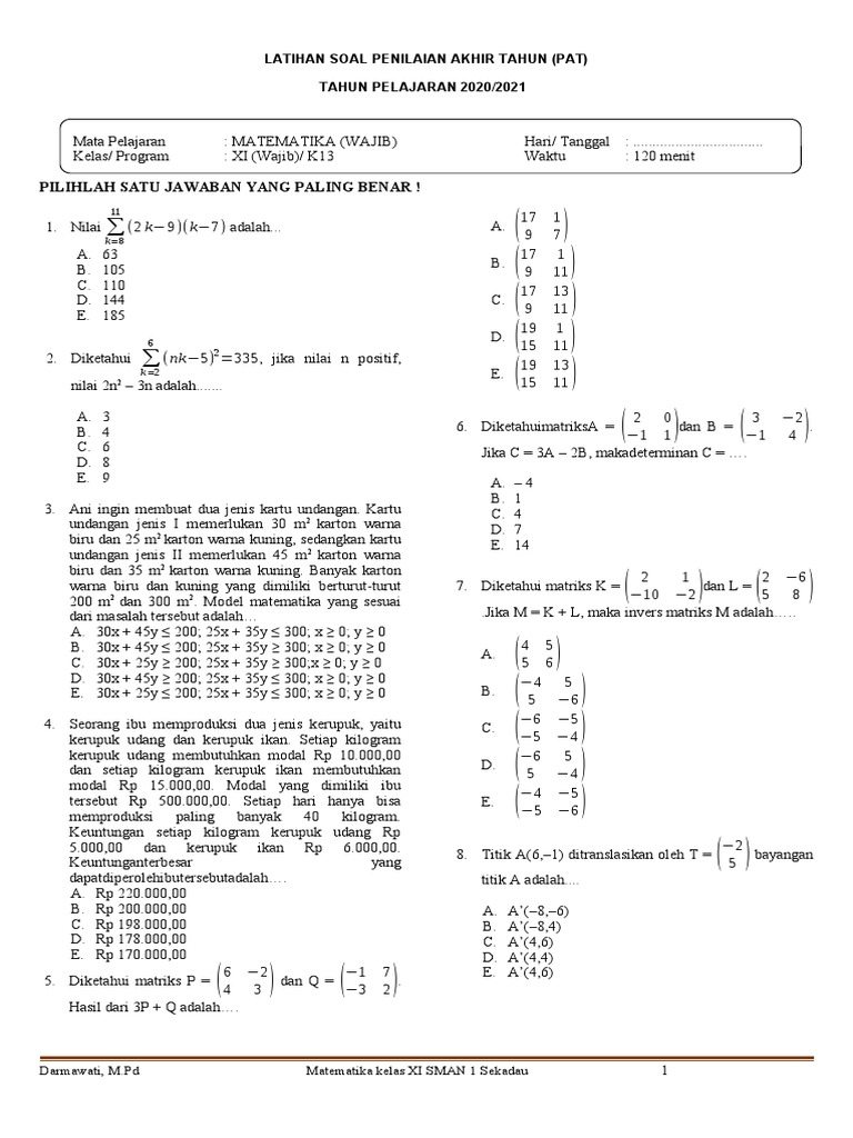 Latihan Soal Pat 2021 | PDF