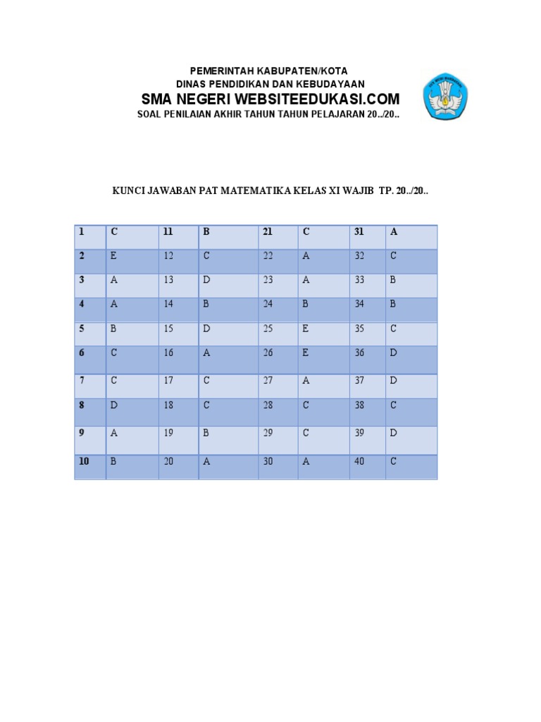 Kunci Jawaban PAT MTK Kelas 11 | PDF