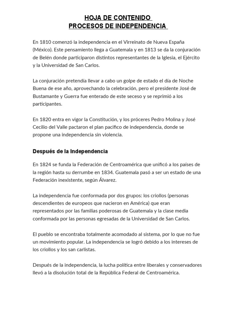 Procesos de Independencia 4to. Ii Unidad Hoja de Contenido y Hoja de ...