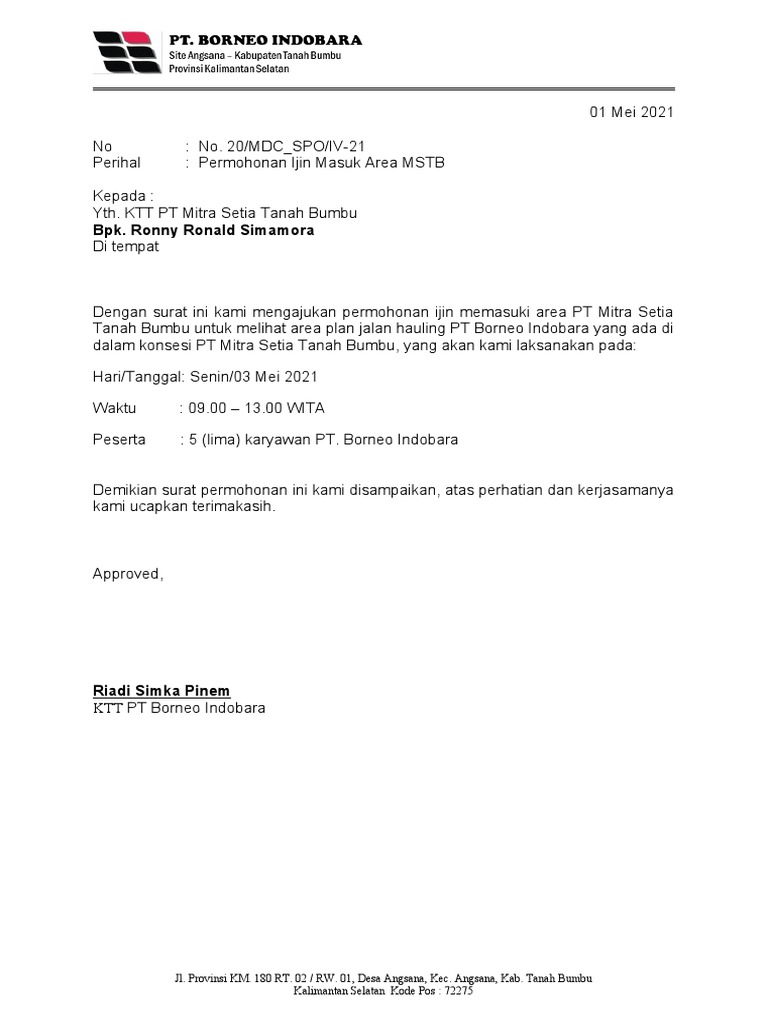 Permohonan Ijin Masuk Area MSTB | PDF
