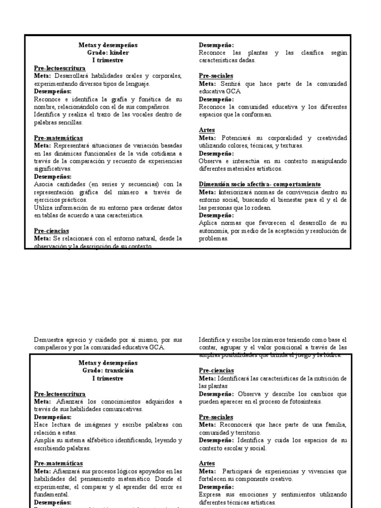 Metas y Desempeños KINDER Y TRANSICION | PDF | Educación de la primera ...