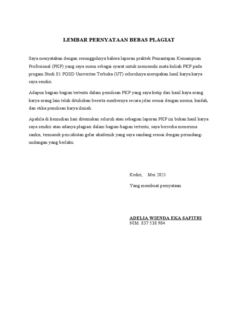Lembar Pernyataan Bebas Plagiat | PDF
