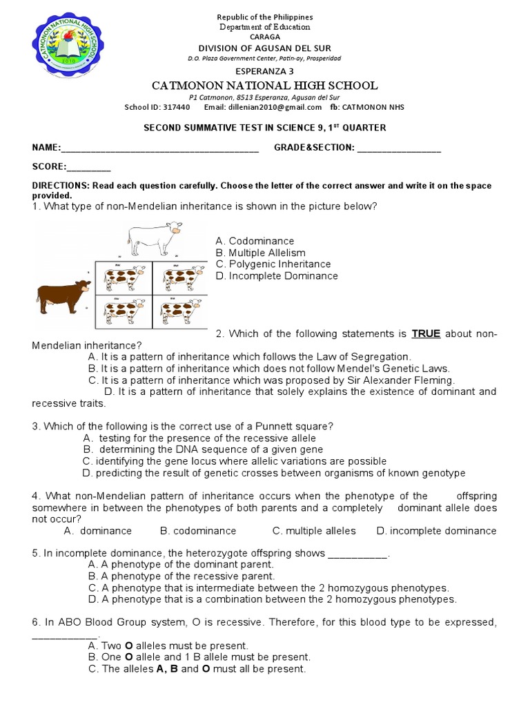 Second Summative Test in Science 9: Non-Mendelian Patterns of ...