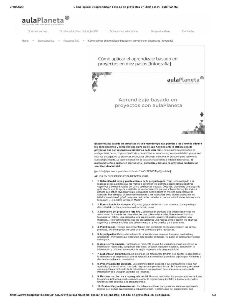 Cómo Aplicar El Aprendizaje Basado en Proyectos en Diez Pasos - Aulaplaneta | PDF | Negocios