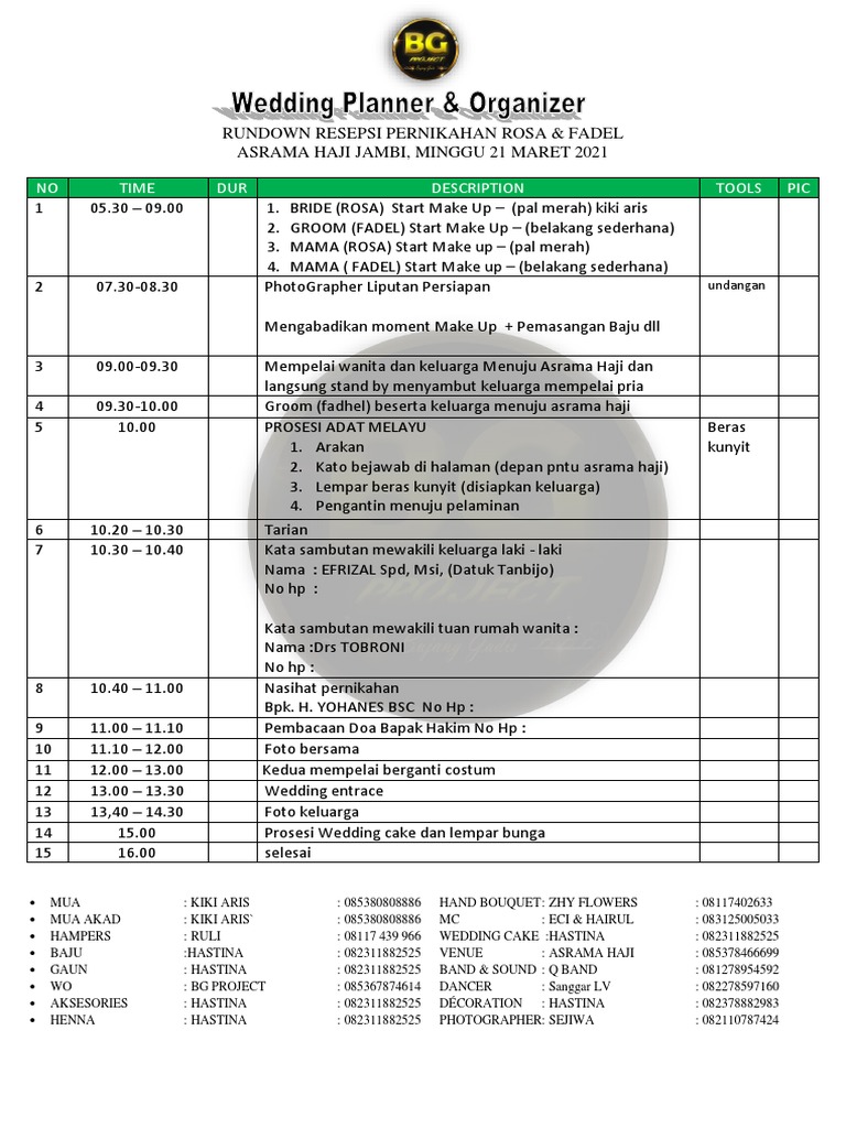 Rundown Pernikahan Rosa & Fadel 2021 | PDF