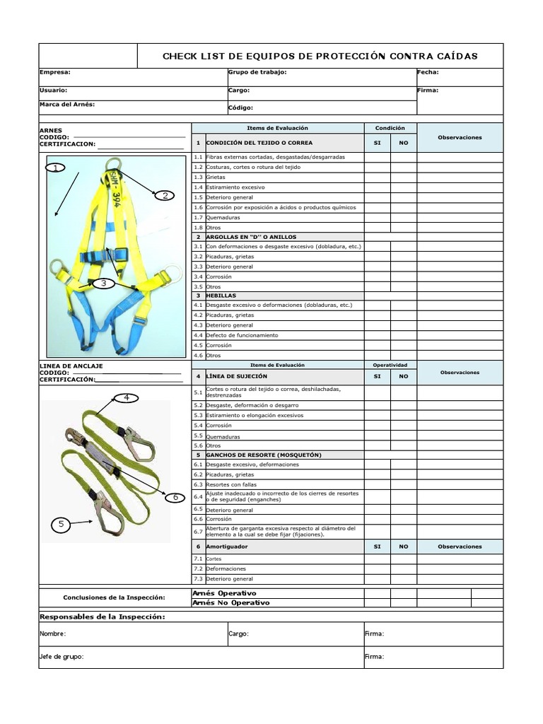 Check List Inspección Del Arnes | PDF | Microsoft Excel | Suites de oficina