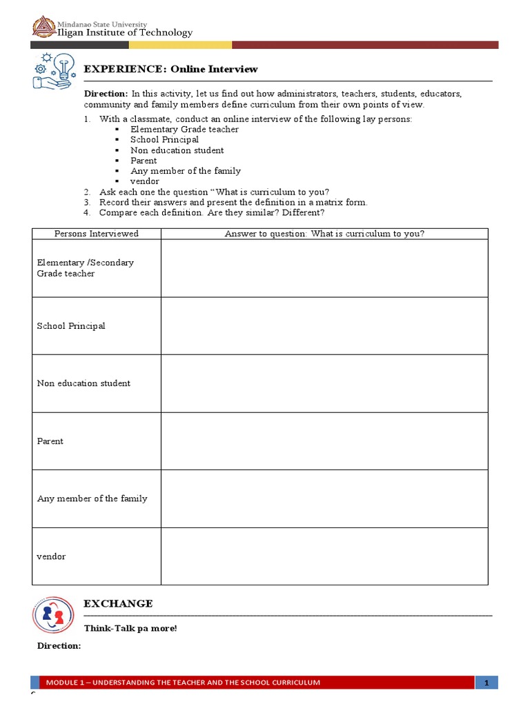 MODULE I Lesson 1 Activities | PDF | Curriculum | Teachers