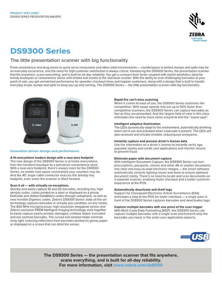ds9300 Series Spec Sheet A4 en Us | PDF | Barcode | Image Scanner