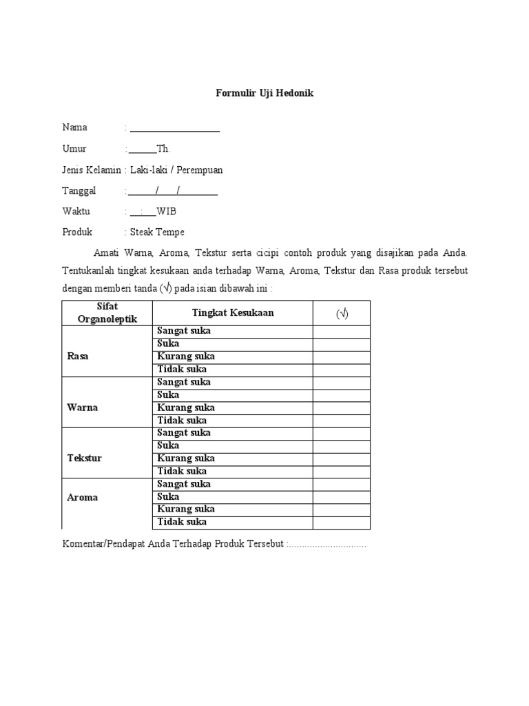 Formulir Uji Hedonik Steak Tempe | PDF | Memasak, Makanan, & Anggur