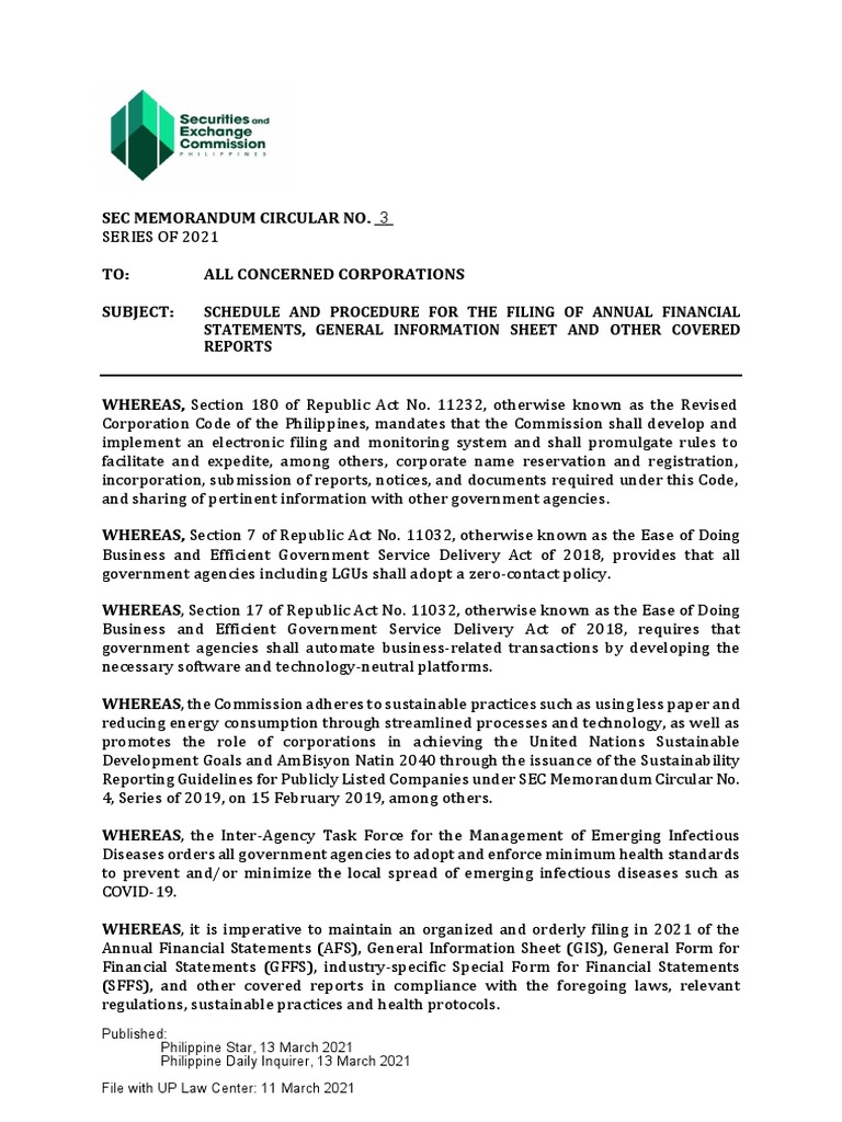 Schedule and Procedure For The Filing of Annual Financial Statements ...