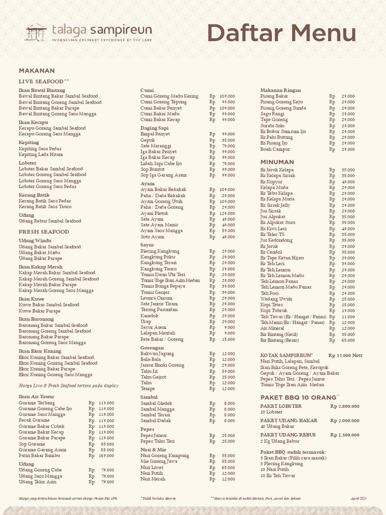 Daftar Menu Talaga Sampireun | PDF