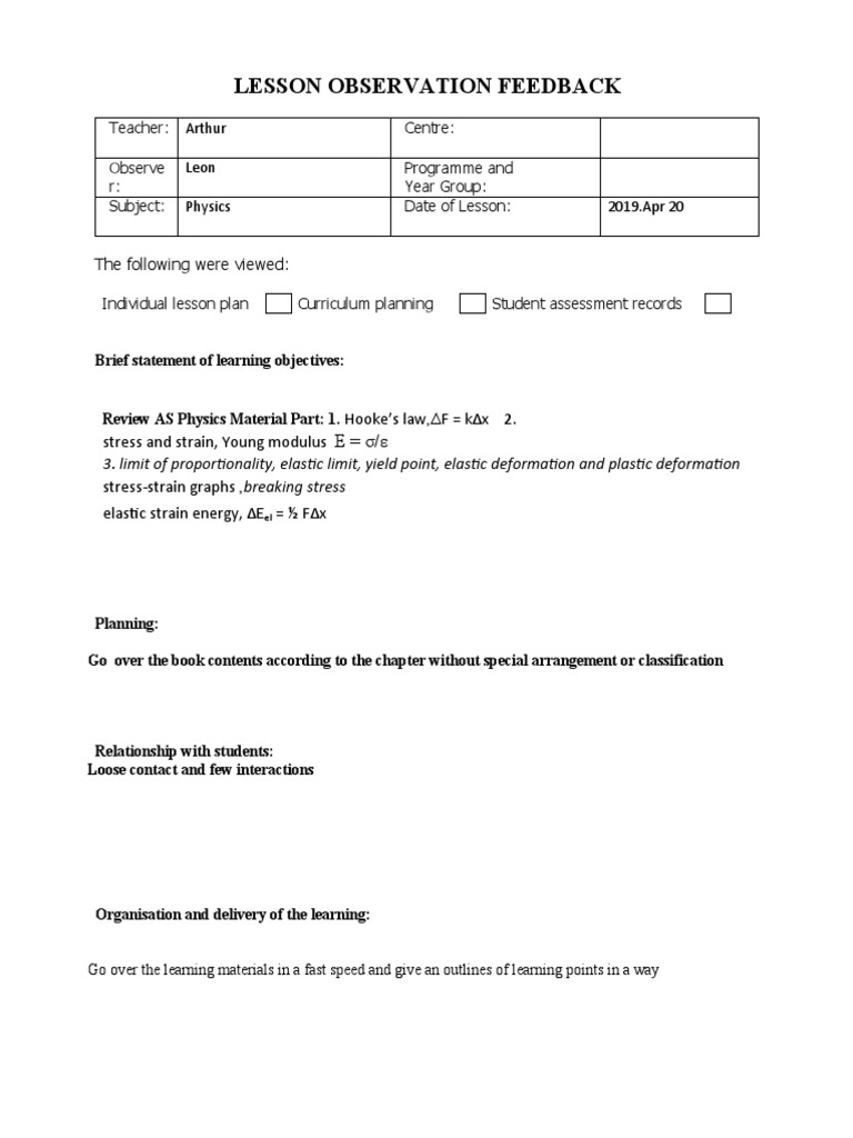Lesson Observation and Feedback-1 | PDF | Deformation (Engineering ...