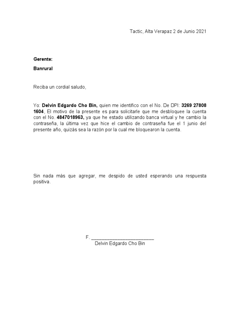 Solicitud de Desbloqueo de Cuenta Banrural | PDF