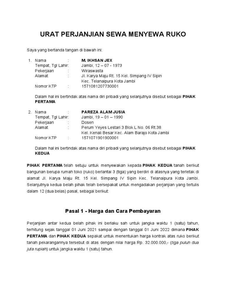 Surat Perjanjian Sewa Menyewa Ruko | PDF