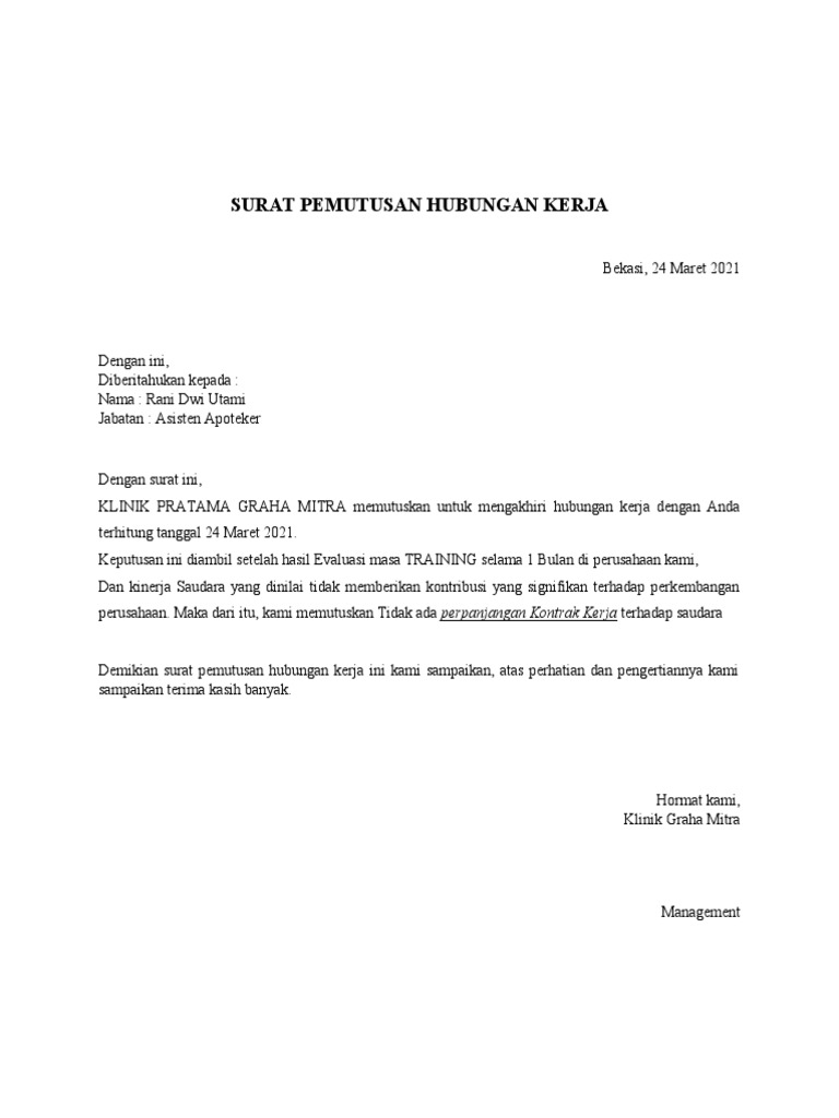 Surat Pemutusan Hubungan Kerja | PDF