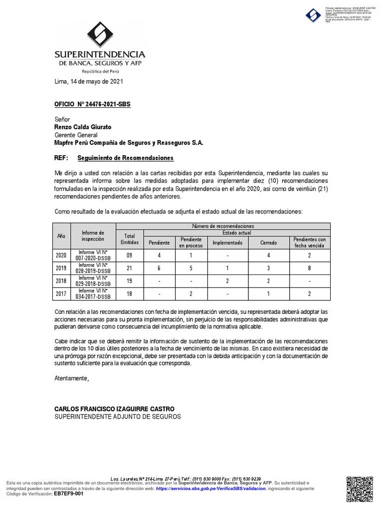 Oficio N 24476 - 2021 - Sbs-Pri | PDF | Póliza de seguros | Reaseguro