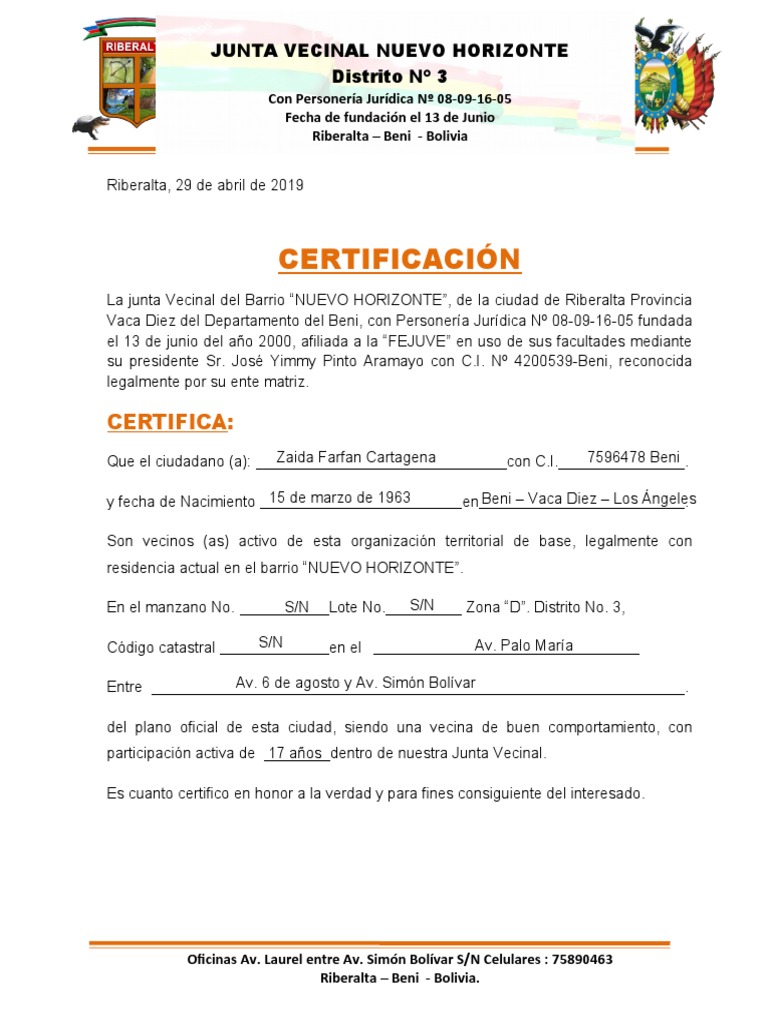 Certificacion Vecinal | PDF | Bolivia | América del Sur
