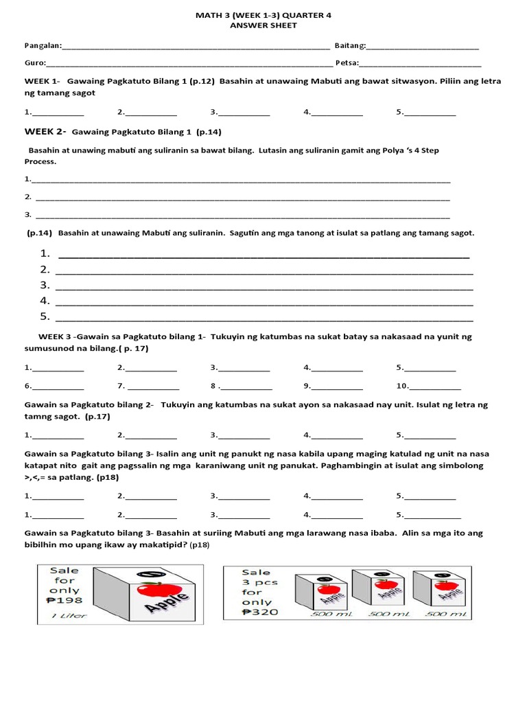 ANSWER SHEET - Math - W1 3 1 | PDF