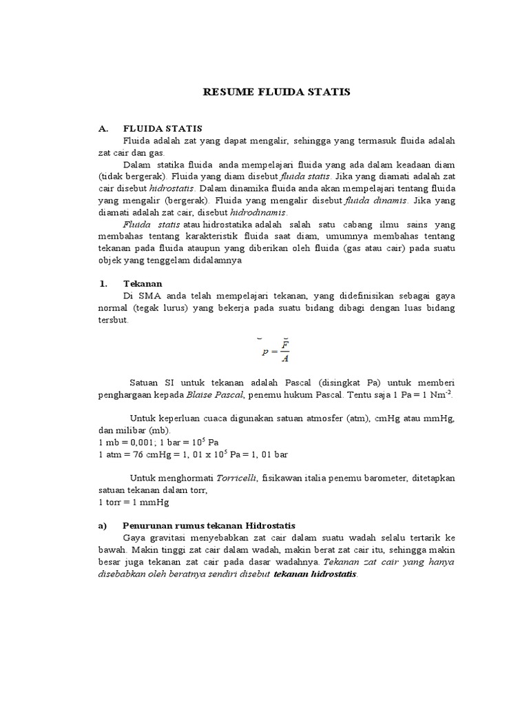 Resume Fluida Statis - Dek Lia | PDF