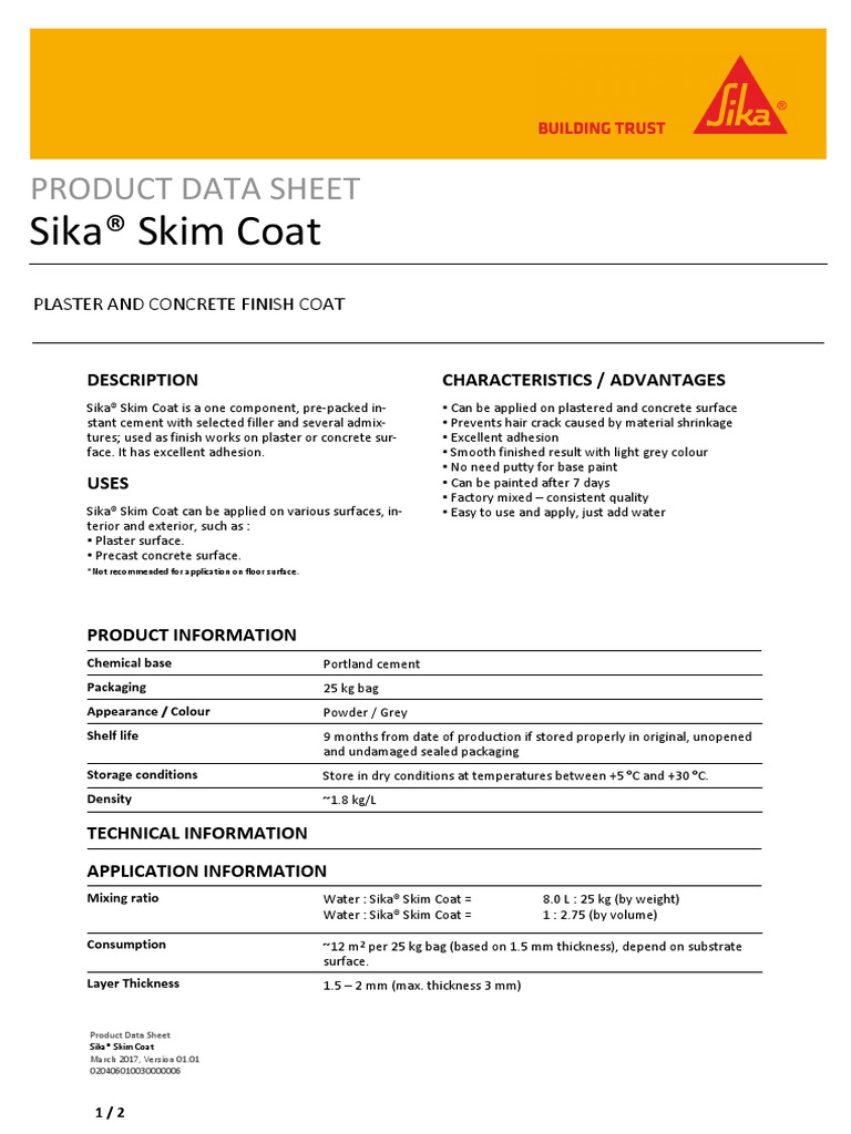 Sika® Skim Coat: Product Data Sheet | PDF | Plaster | Paint