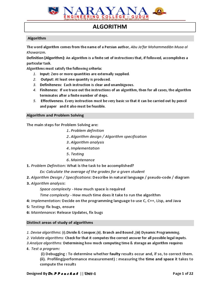 Algorithm: Definition (Algorithm) : An Algorithm Is A Finite Set of ...