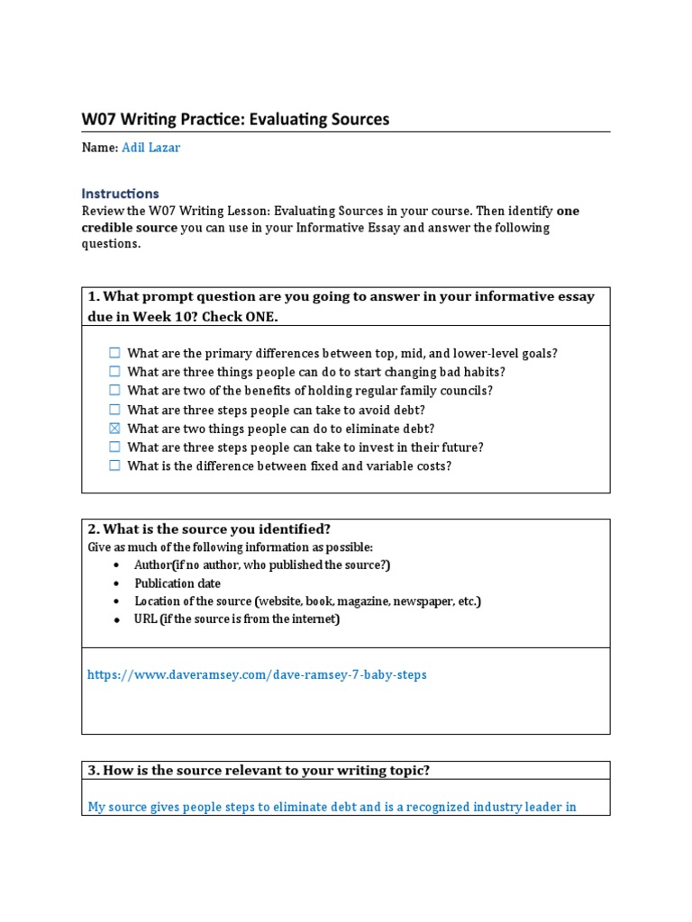 W07 Writing Practice: Evaluating Sources: Instructions | PDF