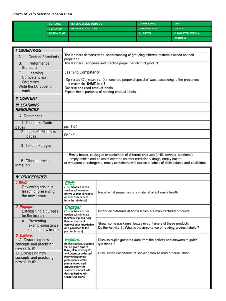 Sample Lesson Plan Using 7'es | PDF | Pedagogy | Learning