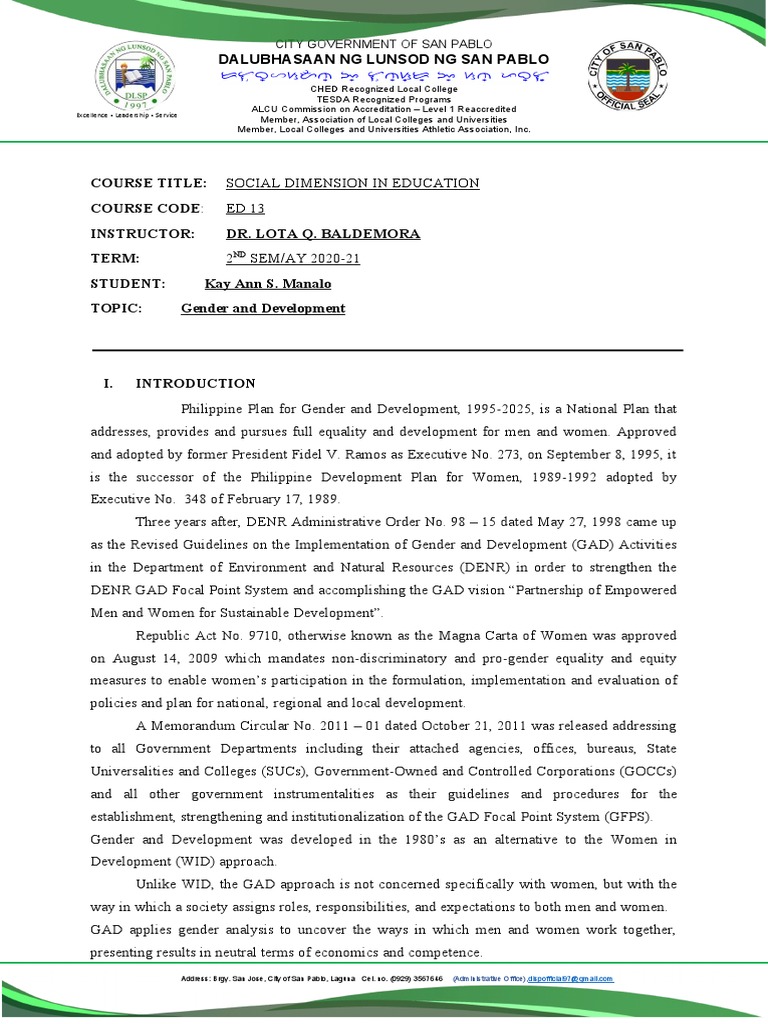 Written Report - Gender and Development | PDF | Gender And Development ...