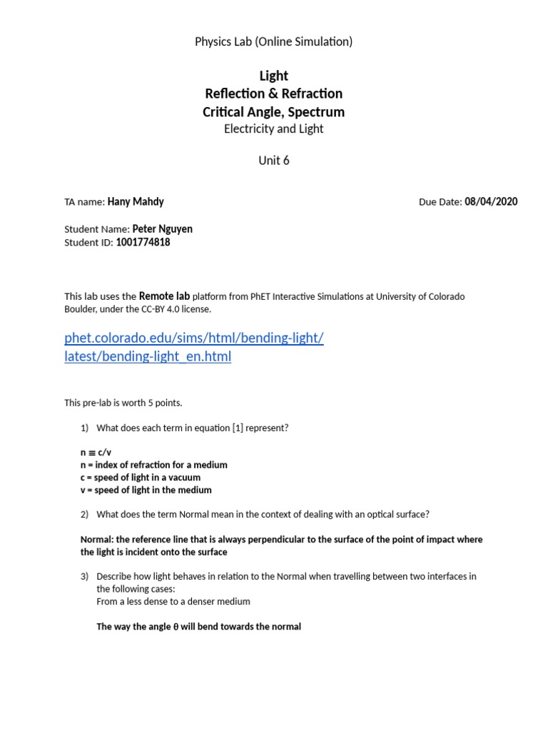 Lab 6 Reflection Refraction Online | PDF | Refraction | Reflection ...