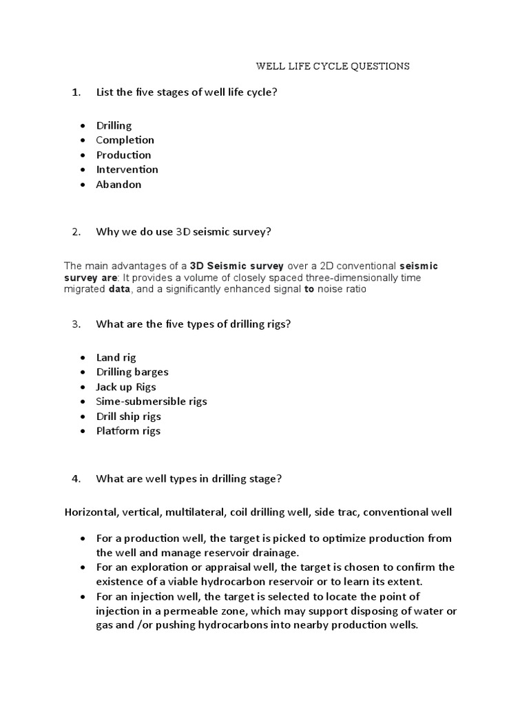 Questions For Well Life Cycle Session | PDF | Casing (Borehole) | Oil Well