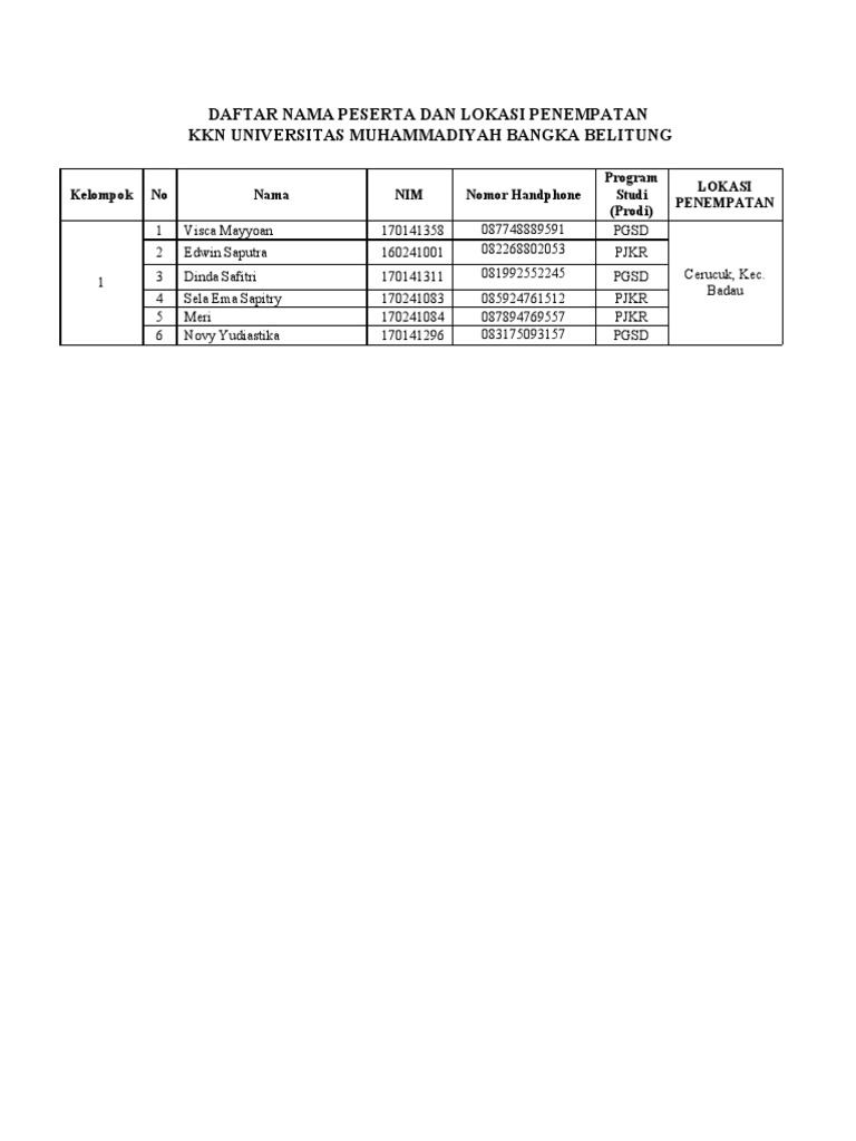 Daftar Peserta KKN UMB Babel | PDF