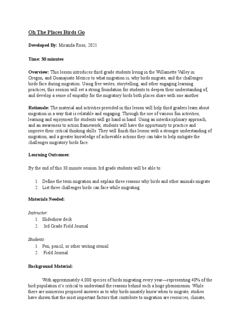 Lesson Plan 3rd Grade Migration 1 | PDF | Predation | Bird Migration