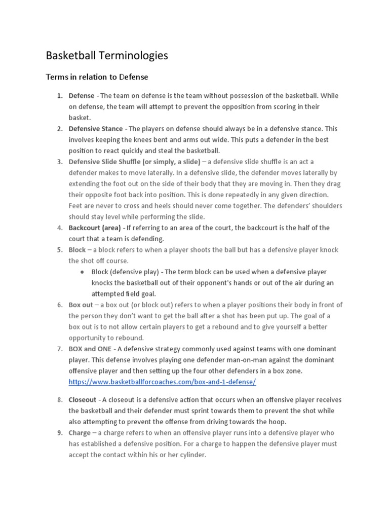 Essential Basketball Defense Terms | PDF | Basketball Positions | Team ...