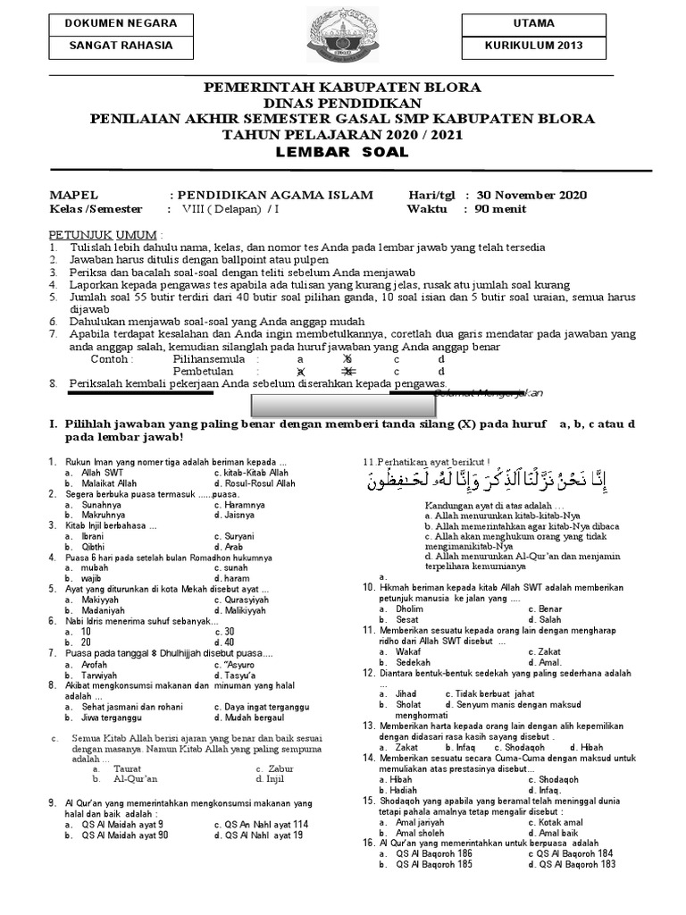 SOAL PAS GASAL 20 21 KE PERCT/SOAL PAS GASAL SMP BLORA KELAS VIII 20 21/SOAL PAS PAIBP KLAS 8 ...