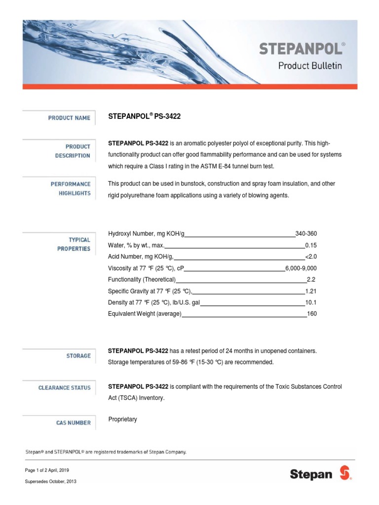 Stepanpol PS-3422: STEPANPOL PS-3422 Is An Aromatic Polyester Polyol of ...