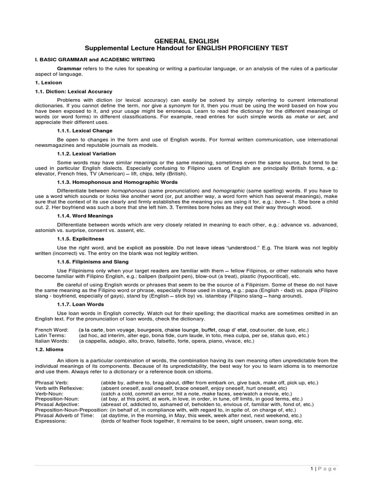 General English Supplemental Lecture Handout For ENGLISH PROFICIENY ...