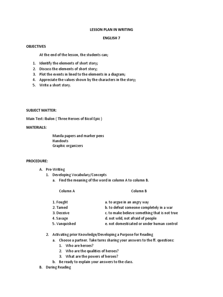 Grade 7 Literary Elements Lesson Plan | PDF | Hero | Lesson Plan