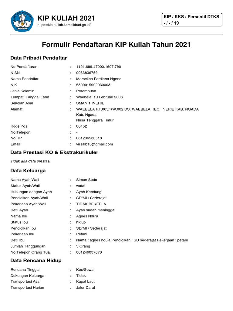 Formulir Peserta KIP Kuliah 2021 | PDF