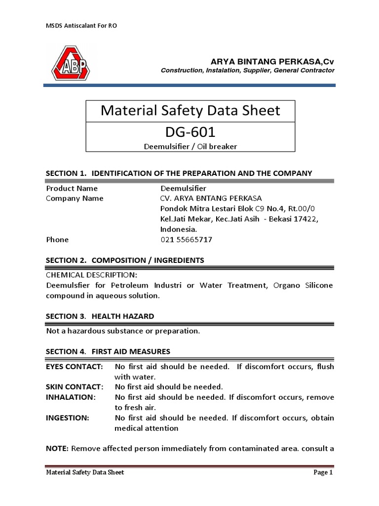 Material Safety Data Sheet DG-601: Arya Bintang Perkasa, CV | PDF ...