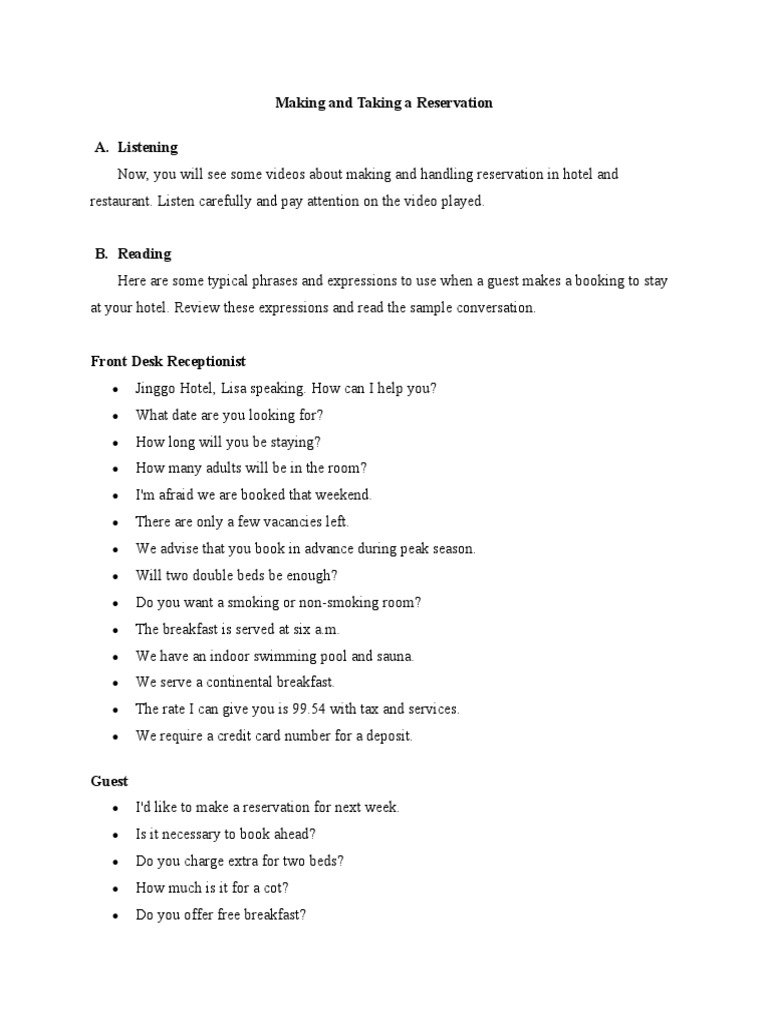 Making and Taking A Reservation | PDF | Hotel And Accommodation | Business