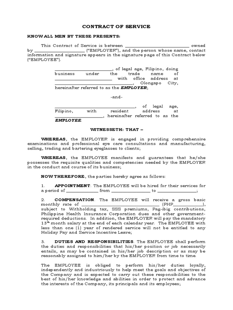 Contract of Service Sample | PDF | Overtime | Employment