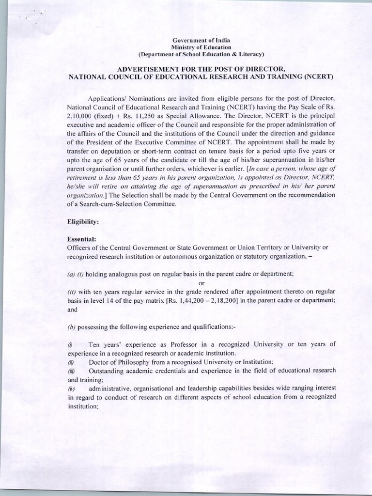 Advertisement For The Post of Director, National Council of Educational ...