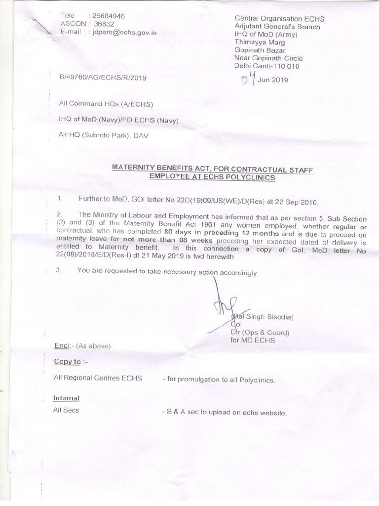 Maternity Benefits Act For Contractual Staff Employee at Echs | PDF