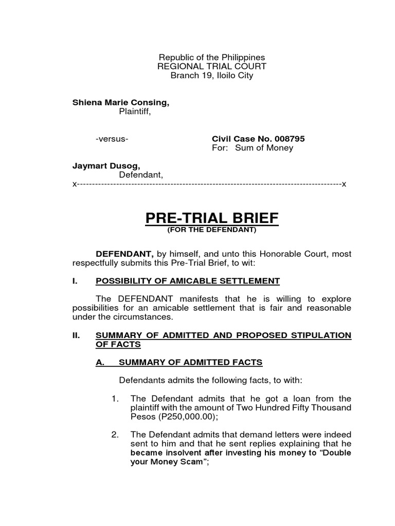 Pre-Trial Brief: Shiena Marie Consing | PDF | Discovery (Law) | Justice