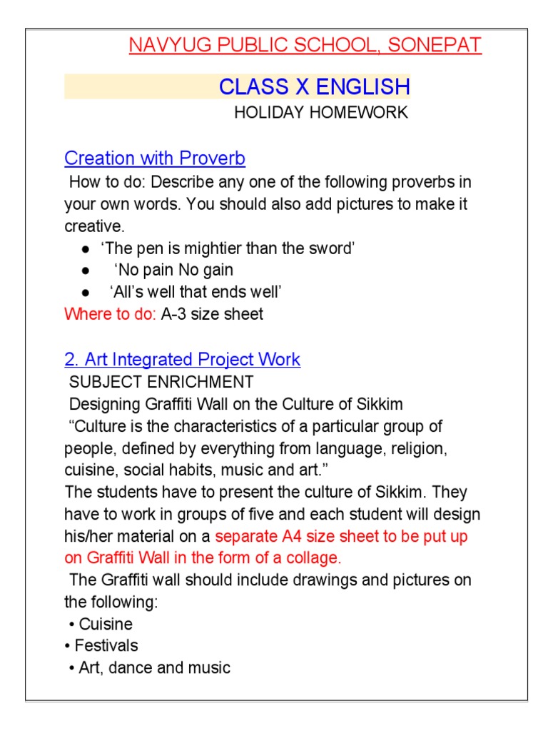 Holiday Homework For X 2021 | PDF | Art