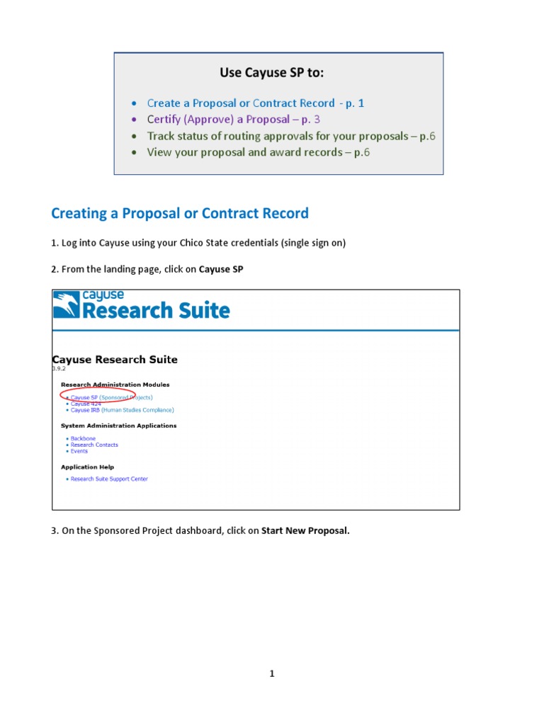 Creating A Proposal or Contract Record: Use Cayuse SP To | PDF ...