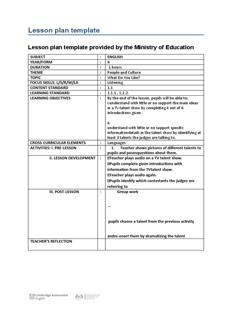 Lesson Plan Template Year 6 Listening | PDF